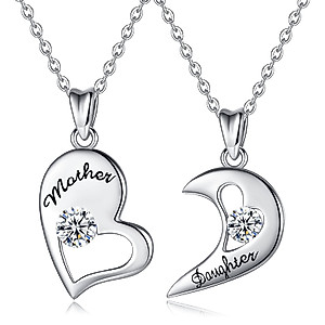 EUDORA Sterling Silver Mother Daughter Necklace Set for 2 for Mama, Heart Moon Mom Daughter Double Chain Pendant Jewelry Mother's Day Gift for Mother Stepmother Daughter