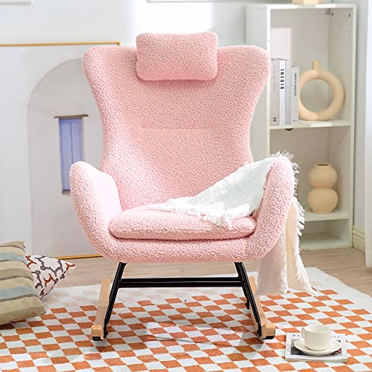 Morhome Upholstered Nursery Rocking Chair-Comfy Glider Rocker with Padded Seat, High Backrest, and Armrests for Living Room Bedroom Offices, Pink