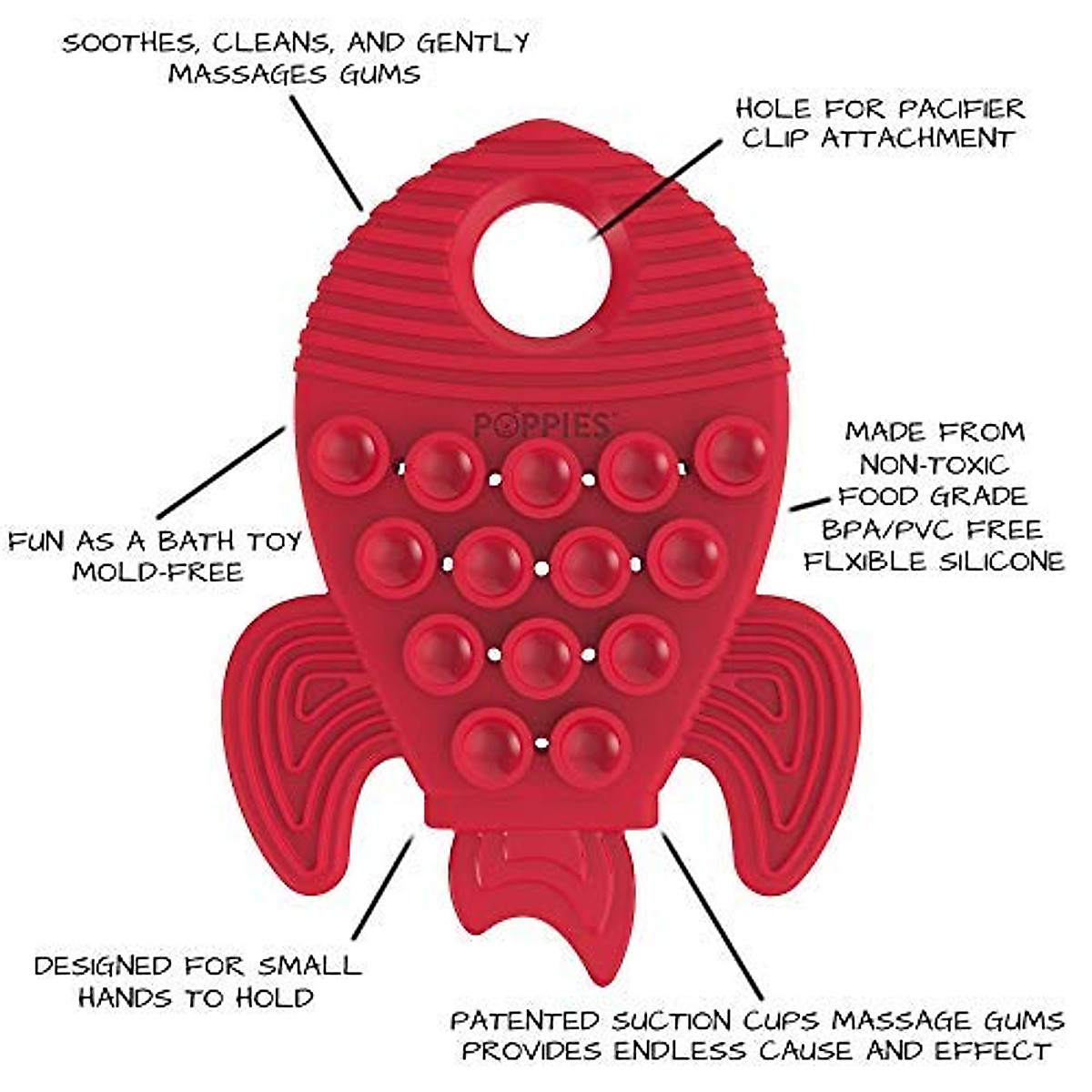 POPPIES Red The Rocket BPA-Free Silicone Suction Cup Teether, Sensory, Bath Toy