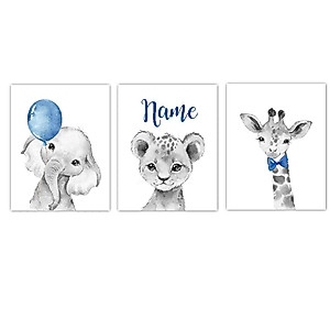 Safari Animals Baby Boy Nursery Wall Art Blue Elephant Giraffe Lion Decor 3 UNFRAMED PRINTS
