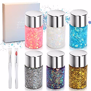 AIDUCHO 6 Colors Body Glitter Gel for Women Girls Chunky Glitter Gel for Face Hair Eyes Nails Lip Mermaid Makeup Long Lasting & Quick Drying Sparkling Festival Glitter with 2 Brush, 20ml*6