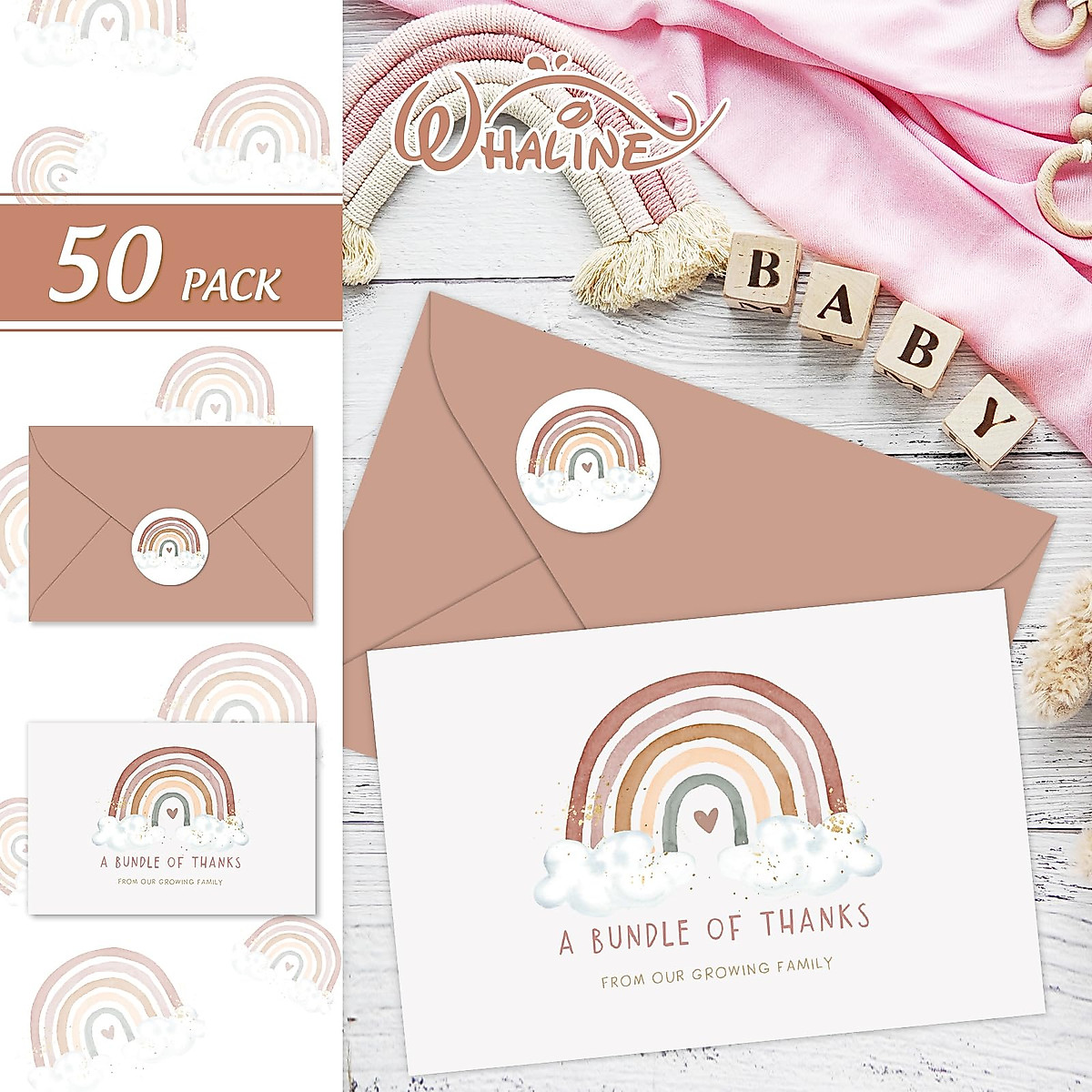 Whaline 50 Pack Baby Shower Thank You Cards Bulk Boho Rainbow Thank You Note Cards with Envelopes Stickers Blank Cards for Baby Shower