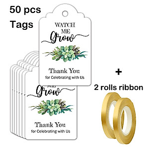 Watch Me Grow Tags for Baby Shower Succulents, Baby Shower Thank You Tags, Baby Shower Favor Tags, 1.7 x 2.8 Inch, 50 Pack with Golden Ribbon.