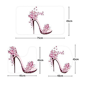 Amagical Pink Butterfly and Girls High Heels Shoe 3 Piece Bathroom Mat Set Non Slip Bath Mat Contour Mat Toilet Cover