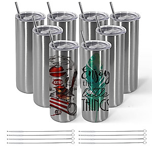 AGH 8 Pack 20oz sublimation tumbler blank, Stainless Steel Tumblers Bulk With Reuse Straw and Brush, Silvery Cup Vacuum Insulated Mug for Travel Coffee