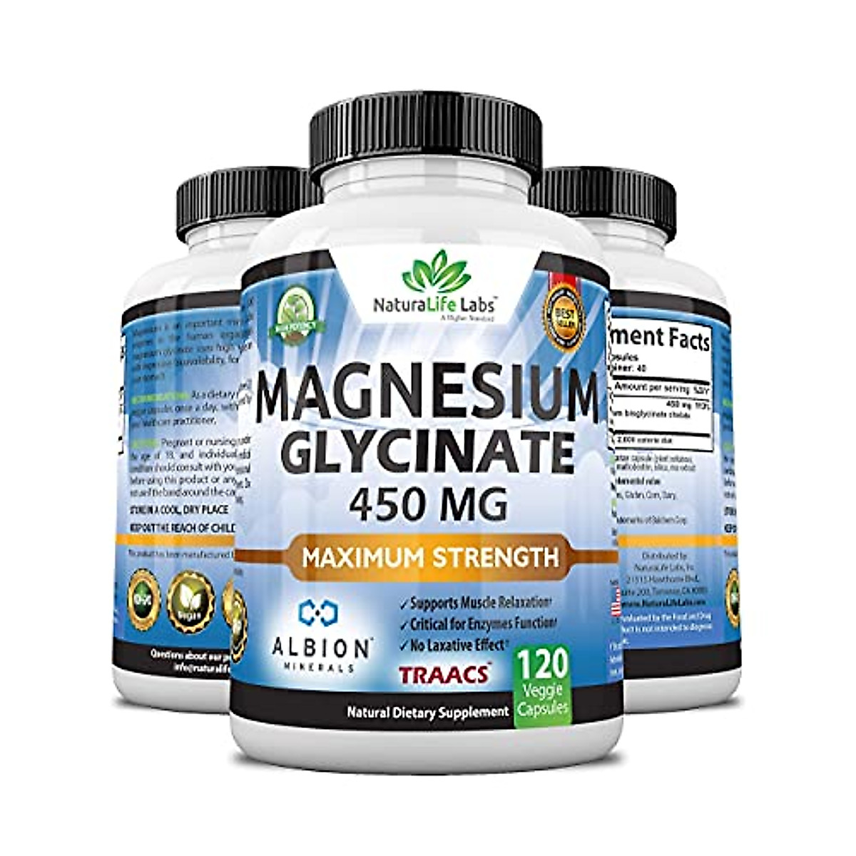 Magnesium Glycinate 450 MG Albion Minerals TRAACS Maximum Bioavailability Chelate No Laxative Effect Vegan Helps Function of Muscles, Bones, Heart Non-GMO