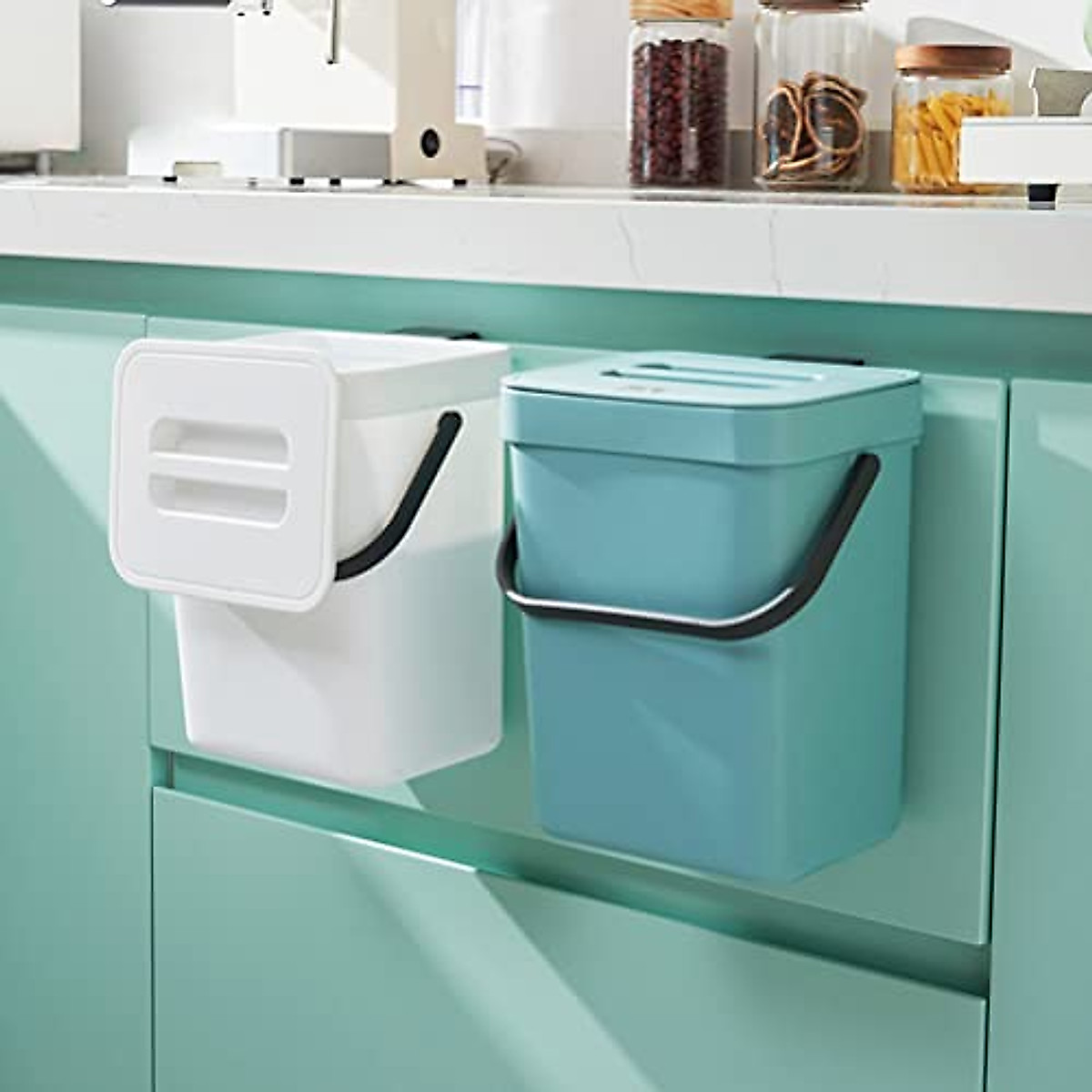 OHEPFD Small Kitchen Compost Bin with Lid 3L Kitchen Waste Bin Household Countertop Container Hanging Small Trash Can for Rubbish Composter, Gray Blue, 3L: 16.1*13*20.5cm