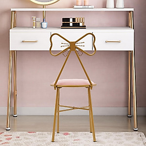 Modern Stylish Pink Bow Shaped Backrest Princess Chair Girls Ladies Creative Makeup Stool with Golden Frame for Indoor Decor Bedroom Coffee Shop