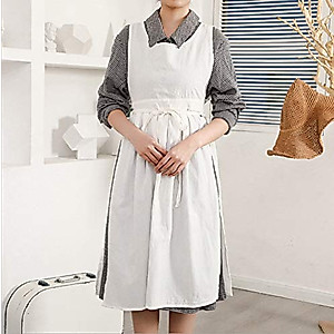 losofar Women Girls Vintage Pleated Split Apron V Neck Gardening Works Cotton Overall Smock Pinafore Dress (white, 40" L)