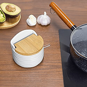 77L Sugar Bowl, Ceramic Sugar Bowl with Sugar Spoon and Bamboo Lid for Home and Kitchen - Modern Design, White, 8.58 FL OZ (254 ML)