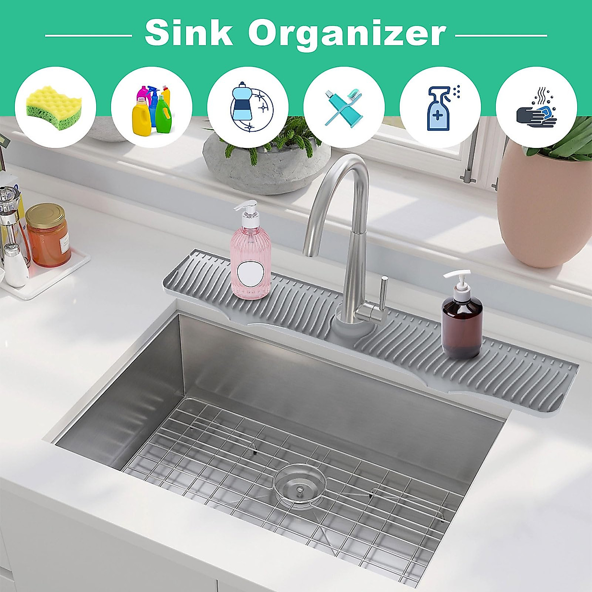 32 Inch Sink Splash Guard, Kitchen Sink Drying Mat, Countertop Faucet Drip Catcher Tray, Sponge Holder (Gray)