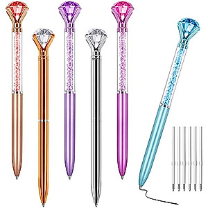 6 Pcs Diamond Pens with Crystal,Pens with Diamonds on Top, Diamond Pens Bulk including Black Ink Pen Refill, Diamond Top Pens for Office School Home