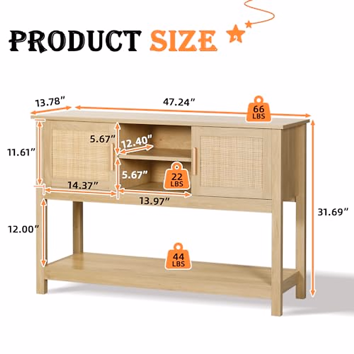 LAZZO Rattan Console Table 47" Narrow Entryway Table Sofa Table Behind Couch Table Coffee Bar with 2 Door Cabinets, 2 Drawers and Open Storage Shelf for Living Room, Foyer and Hallway Natural Wood