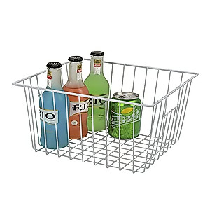 Freezer Organizer Bin, Kitchen Metal Wire Storage Basket, Pantry Cupboard Household Container Divider with Handles, Rustproof - White