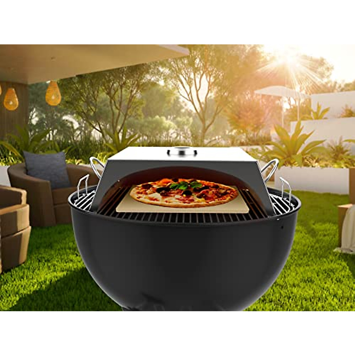 Outdoor Stainless Steel Grill Top Pizza Oven Kit with 12" Cordierite Pizza Baking Stone, Pizza Peel, Pizza Roller Cutter, Built-in Thermometer