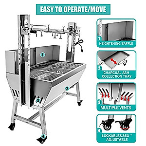 Migoda Stainless Steel Rotisserie Grill with Back Cover Guard, 25W Motor Small Pig Lamb Rotisserie Roaster, 37'' 2 in 1 BBQ Charcoal Rotisserie Grill for Camping Outdoor Kitchen