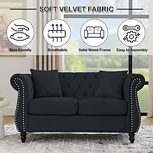 AZSJML 58.8" Chesterfield Loveseat Velvet Sofa for Living Room,Modern Upholstered 2-Seater Couch, Tufted Velvet Casual Sofa Rolled Arms and Nailhead with 2 Pillows for Bedroom, Office, Black