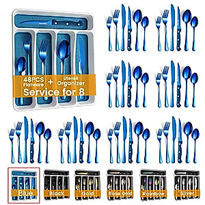 Blue Silverware Set with Drawer Organizer, 48 Pieces Flatware Set for 8, Stainless Steel Cutlery with tray, Kitchen Utensil Tableware for Home Restaurant Hotel Kitware Forks Knifes Spoons