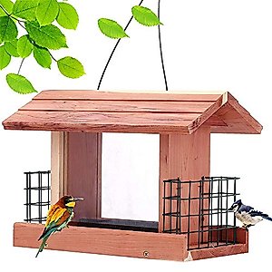Solution4Patio Homes Garden USA Cedar Bird Feeder Wildbird Essentials Handmade Wooden Outdoor Ranch Patio Yard Tree Hanging with Double Plastic Window and Double Suet Holder Cages Combination #G-8534