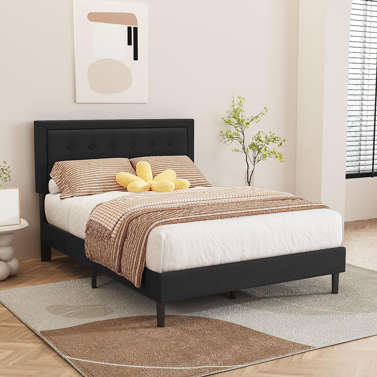 alazyhome Full Size Black Modern Upholstered Platform Bed Frame with Button Tufting Headboard Solid Wood Slats Support No Box Spring Needed Easy Assembly
