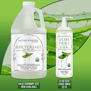 NTRSNS NaturSense Organic Aloe Vera Gel from 100% Pure Aloe. Great for Hair, Scalp, Face, Dry Skin, Acne, Winter Skin, Sunburn, Sensitive Skin. Unscented, USDA Certified, 12 oz.