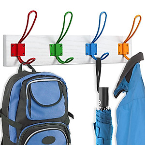 KYSMOTIC Kids Coat Hook Rack Wall Mounted for Boys and Girls for Hanging Coats, Scarves, Bags, Purses, Backpacks, Towels and More, Set of 4, Bright Multicolored (White, 17 inches)