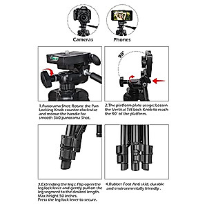 Ubeesize Tripod CT50 50” Phone Tripod Stand, Aluminum Lightweight Tripod for Camera and Phone, Cell Phone Tripod with Phone Holder and Carry Bag, Compatible with iPhone & Android