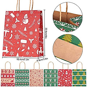 NEWBEA 24Pcs Christmas Gift Bags with Handle Holiday Gift Bags 9x7.2x3.5 inch Xmas Kraft Gift Bags 6 Patterns Design for Christmas Holiday Party