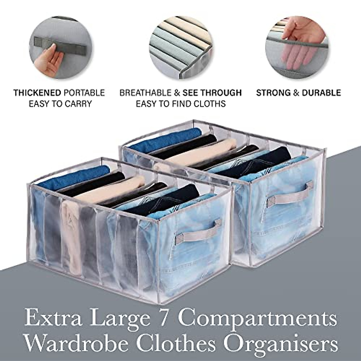2 Pack Wardrobe Clothes Organizer , Jeans for Closet comes with 24 cell Sock Underwear Dividers Mesh Drawer Large 7 Grids Foldable Compartment Storage Box, gray
