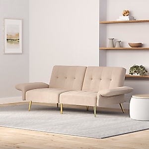 FCNEHLM 77.5” Futon Sofa Bed, Velvet Sofa Bed Futon Convertible Italian Velvet Futon Couch with Foldable Armrests and Adjustable Backrests with Magazine Bags, Sleeper Sofa Bed for Living Room, Beige