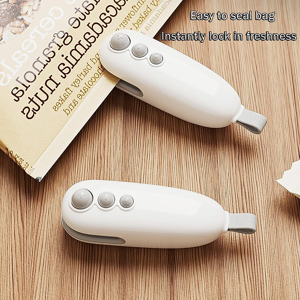 HOVGN Mini Bag Sealer, Upgrade 2 in 1 USB Rechargeable Chip Bag Sealer with Cutter, Bag Sealer Heat Seal Tool, Portable Bag Resealer for Plastic Bags Snack Bags (White)