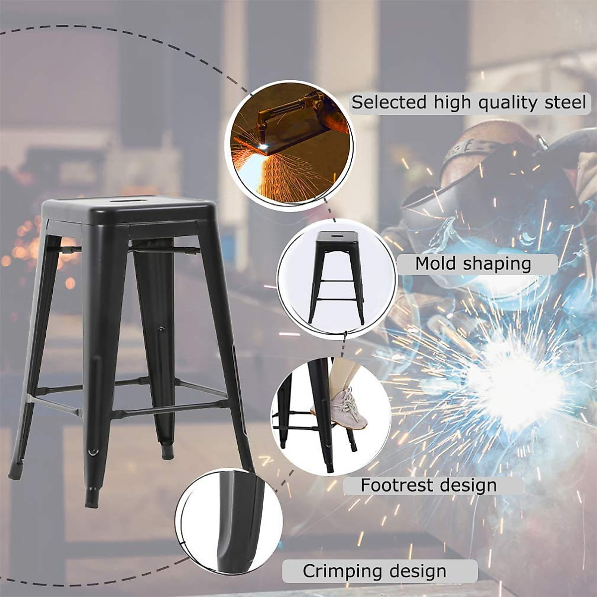 FDW Set of 4 Bar Stools 30 Inches Metal Bar Stool Counter Height Bar StoolsPatio Stool Stackable Barstools Kitchen Counter Stool Indoor/Outdoor Stool Metal Bar Stools Moden Dining Chairs