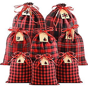 8 Pieces Xmas Plaid Drawstring Bags Fabric Present Bags Xmas Stocking Storage Sack Party Favors Xmas Bags for Christmas Party Decoration Supplies, 3 Sizes (Red and Black)