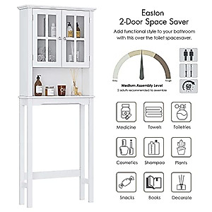 Spirich Bathroom Storage Cabinet Over Toilet, Over Toilet Storage Shelf Cabinet with Windowpane Glass Doors, Free Standing Space Saver Cabinet, White