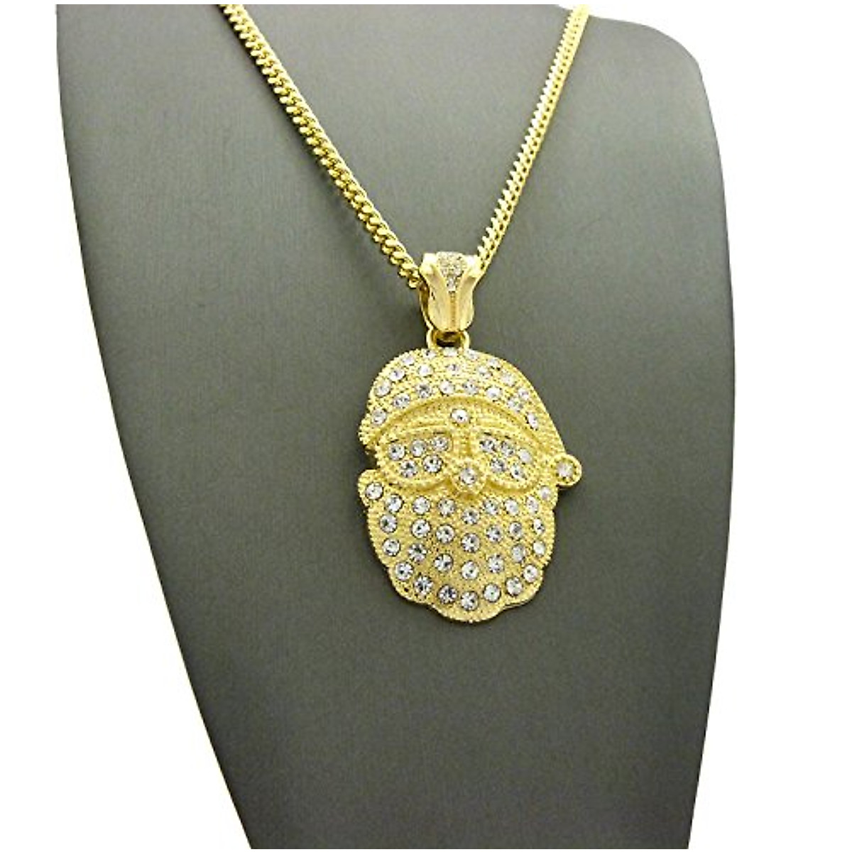 Fashion 21 Iced Out Santa Face Inspired Pendant 24" Various Chain Necklace in Gold Color Plated (4mm 24" Cuban Chain)