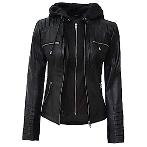 fjackets Womens Leather Jacket - Womens Real Black Leather Bomber Jacket Women With Removable Hood - Hln Black | [1313775] XL