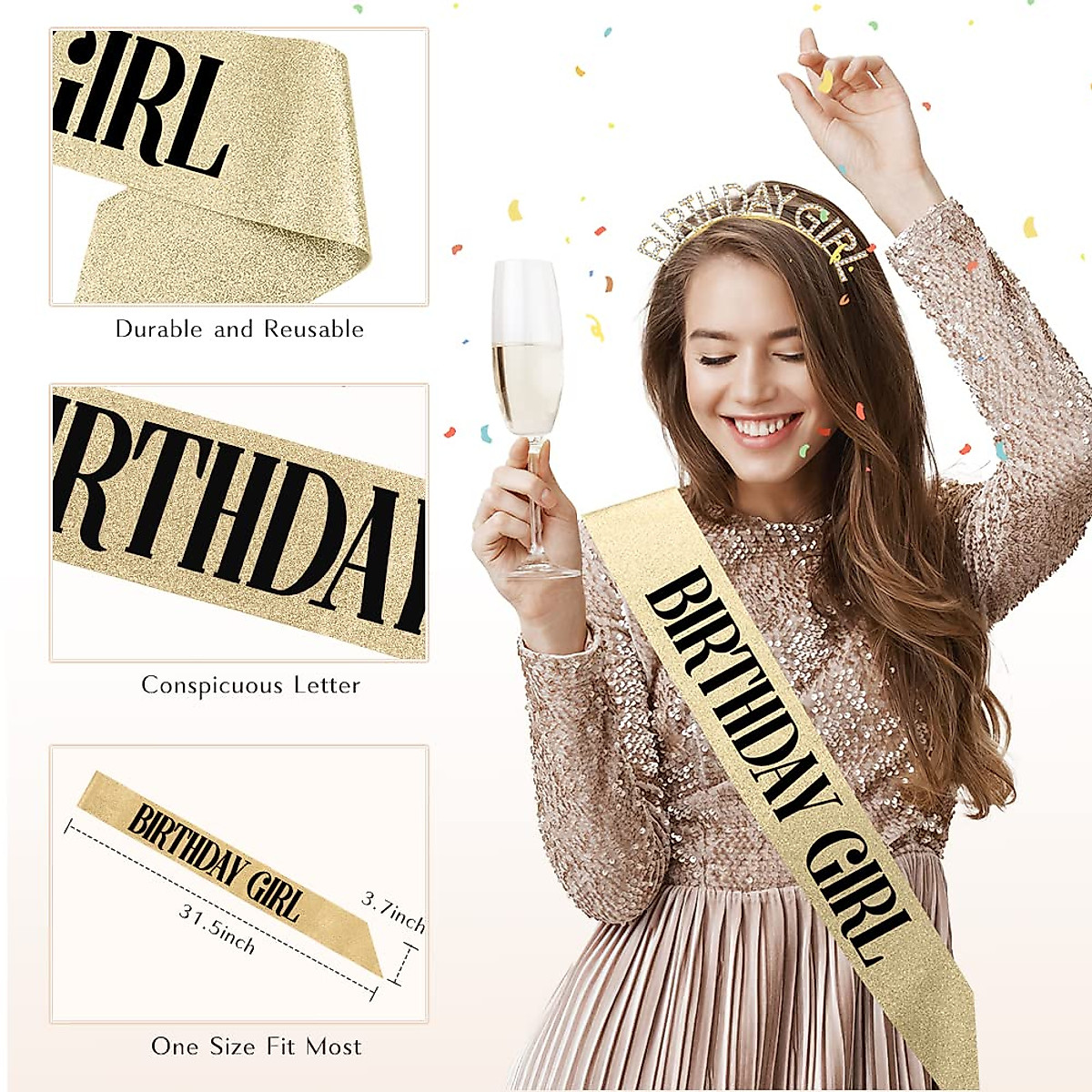 PQRUU Birthday Sash for Women Gold Birthday Girl Sash Glitter Birthday Sash and Tiara for Women Birthday Crowns for Women Happy Birthday Decorations Accessories Rhinestone Birthday Girl Headband