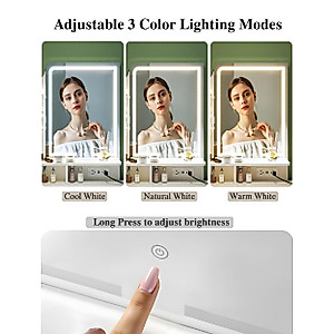 ALEXNUTRE Makeup Vanity Desk with Mirror and Lights, Small Vanity with Fabric Storage Drawer & Chair & Shelves, White Vanity with Fold-up Panel and Power Outlet for Bedroom