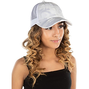 Funky Junque Criss Cross Hat Womens Baseball Cap Distressed Ponytail Messy Bun Trucker Ponycap (Camo White)