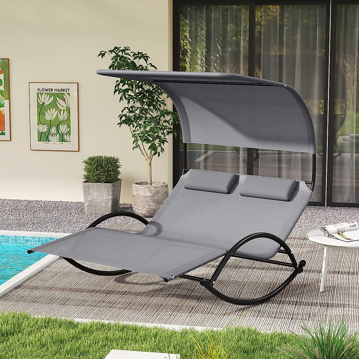 HAPPYGRILL Outdoor Chaise Lounge Rocker, 2-Person Rocking Daybed Sun Lounger with Sun Shade Canopy & Headrest Pillows, Hammock Bed Loveseat with Heavy-Duty Metal Frame for Patio, Backyard, Poolside