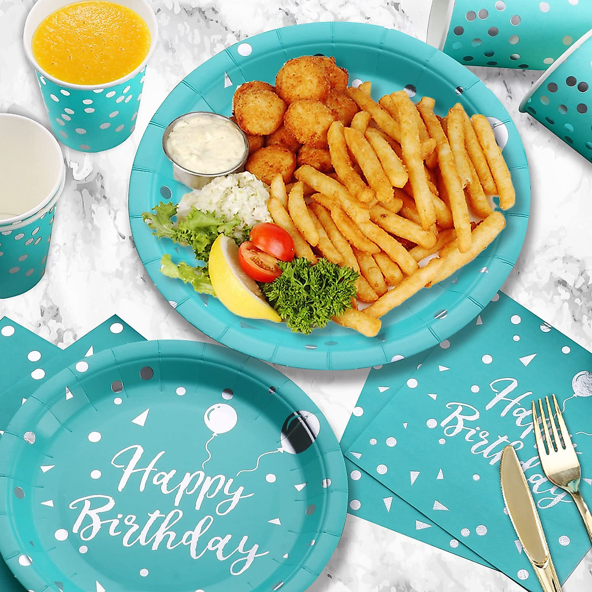 joy akkess 175PCS Teal Birthday Decorations Teal Party Decorations Teal Birthday Plates Serves 25 Guests Birthday Plates and Napkins for Happy Birthday Party Decorations Baby Shower