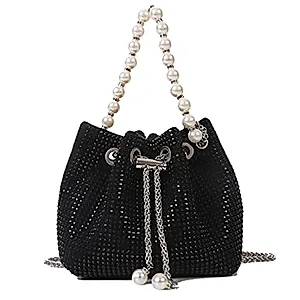 Mini Crossbody Shoulder Evening Bag Shinny Bling Clutch Purse Bucket Pearl Strap Handbag for Women (Black)