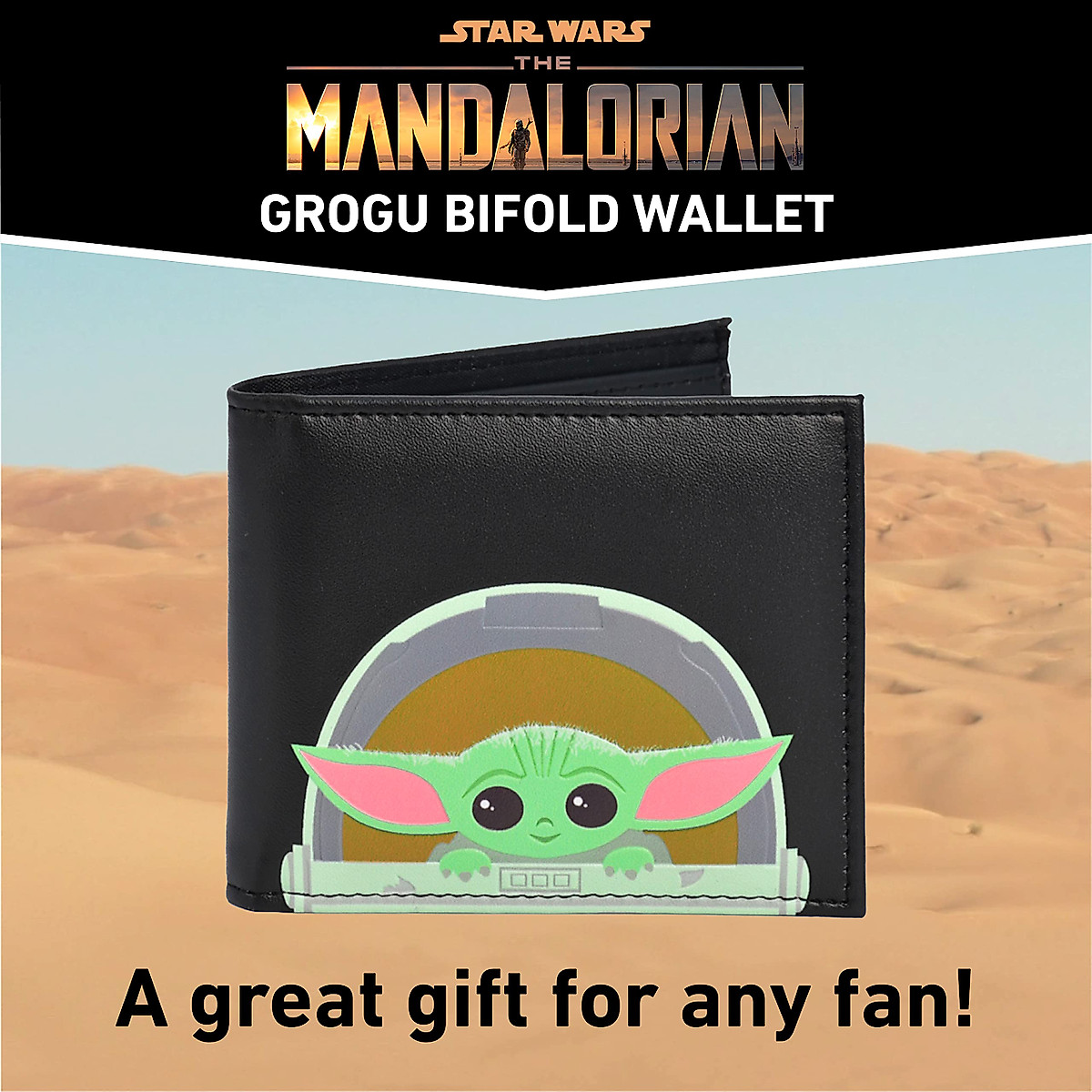 Concept One Star Wars Grogu Wallet, The Mandalorian Slim Bifold Wallet with Decorative Tin Case, Black and Green