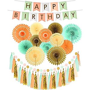 Pink Green White Happy Birthday Wall Banner| Mint Gold Glitter Peach Cream Paper Bundle with Birthday Queen Sash and Tiara, Birthday Girl Headband, Accessories