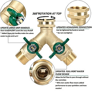 STYDDI Garden Hose Splitter Full Flow, Brass Heavy Duty Hose Splitter 2-Way High Flow, All Metal Hose Y Splitter with Shutoff, Outdoor Faucet Splitter Hose Connector, Water Hose Y Valve Tap Adapter