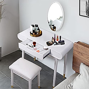 FUQIAOTEC Modern White Makeup Vanity Set, High Gloss Dressing Table with Vanity Stool and Drawer, Minimalism Bedroom Vanity Set Without Mirror, Stable and Durable Solid Wood Legs