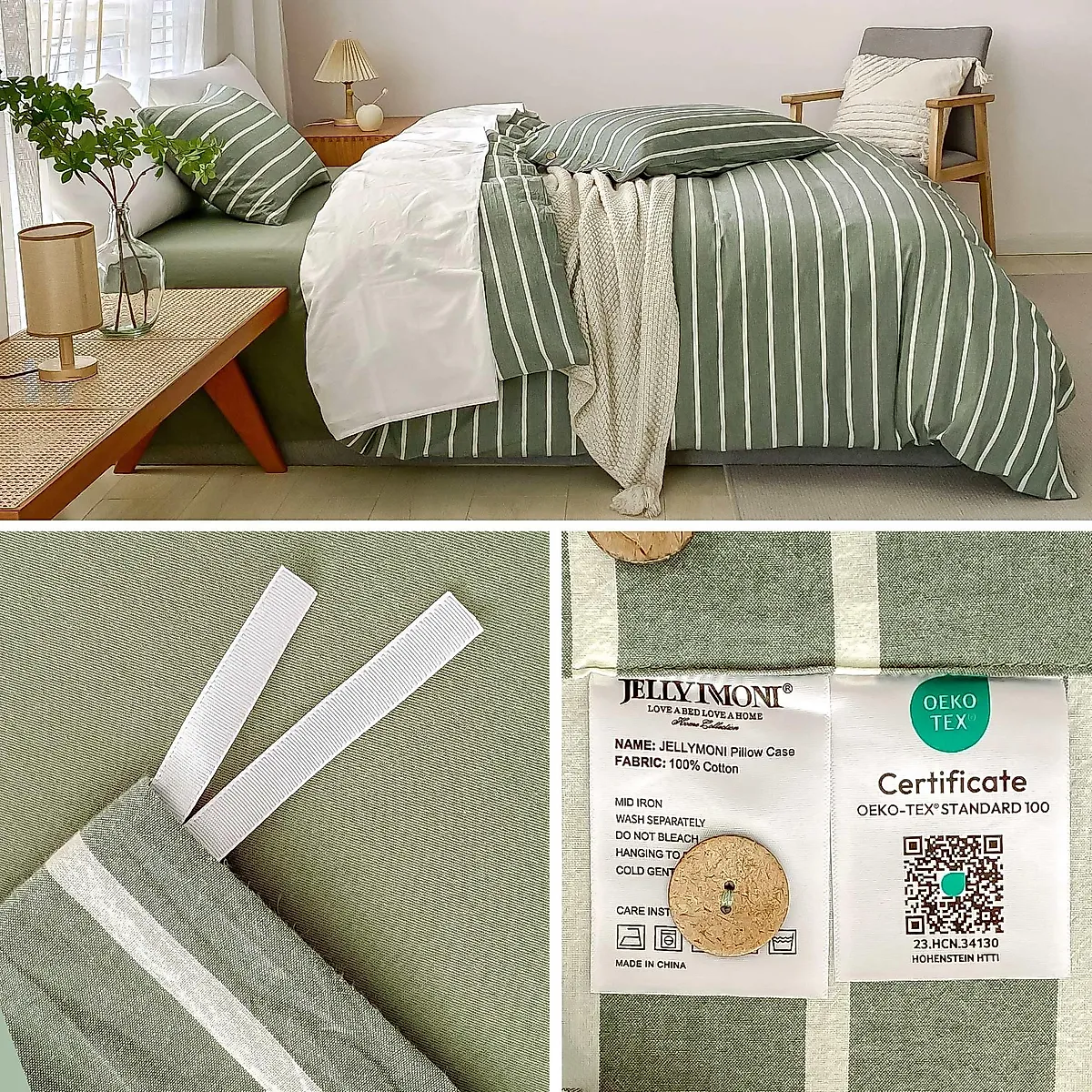 JELLYMONI Bedding Duvet Cover Twin Size - 100% Washed Cotton Linen Like Textured Striped Comforter Cover, 3 Pieces Breathable Soft Bedding Set with Button Closure (Green&White Stripe, Twin 68"x90")