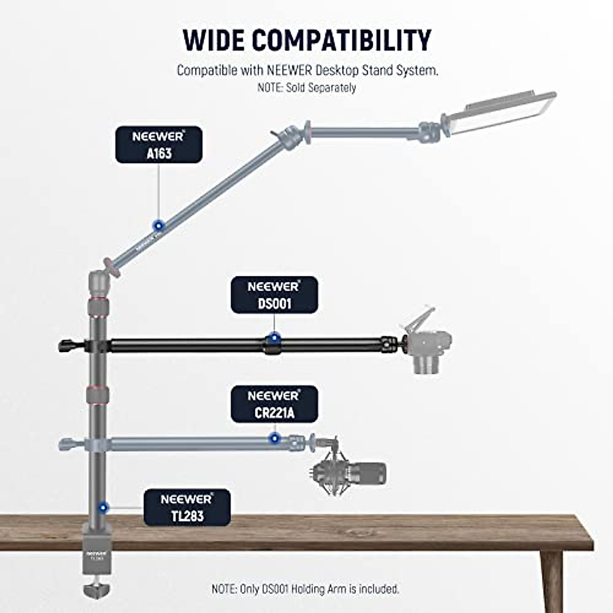 NEEWER Tabletop Overhead Camera Mount Arm, 11.8"-20"/30-51cm Telescopic Extension Arm for Desk Stand with Ball Head Mount 1/4" 3/8" 5/8" Screws for Webcam Camera LED Ring Light Microphone, DS001