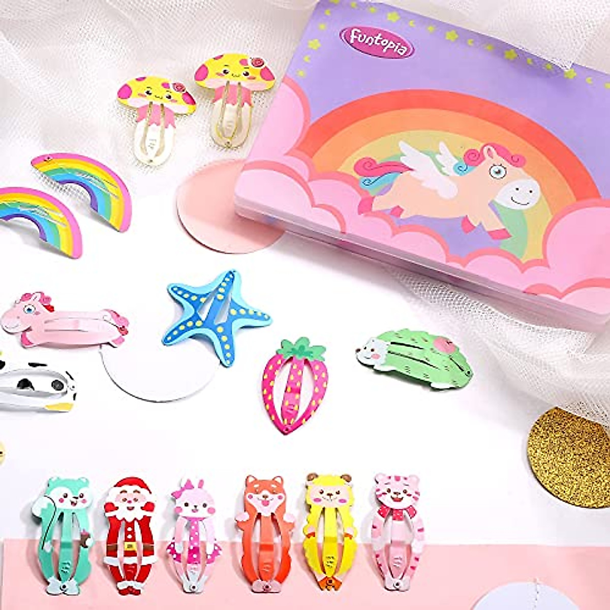 Hair Clips for Girls, Funtopia 100 Pcs Cute Snap Hair Clips Barrettes for Women Teens Girls Kids, Colorful No Slips Metal Fruit Animal Hair Clips for Birthday Party