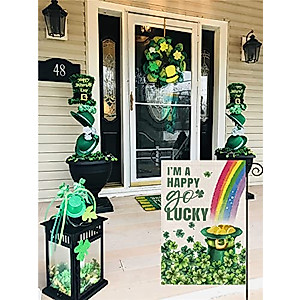 Happy St Patricks Day Garden Flag 12x18 Double Sided,Green Hat with Gold Coin Shamrock Rainbow Small Yard Flag,Spring Saint Patrick Decors for Outside Outdoor Holiday